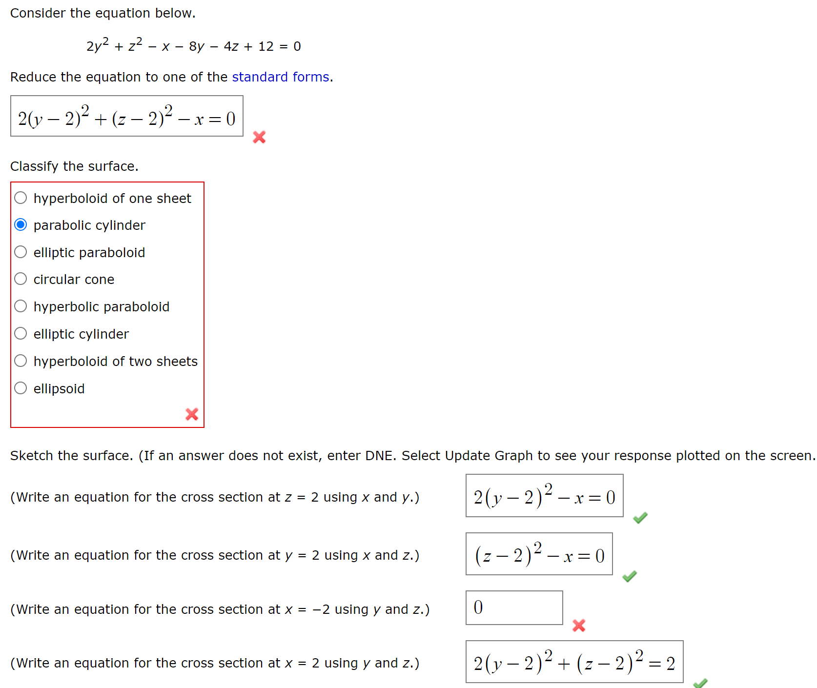 Solved Consider the equation below.2y2+z2-x-8y-4z+12=0Reduce | Chegg.com