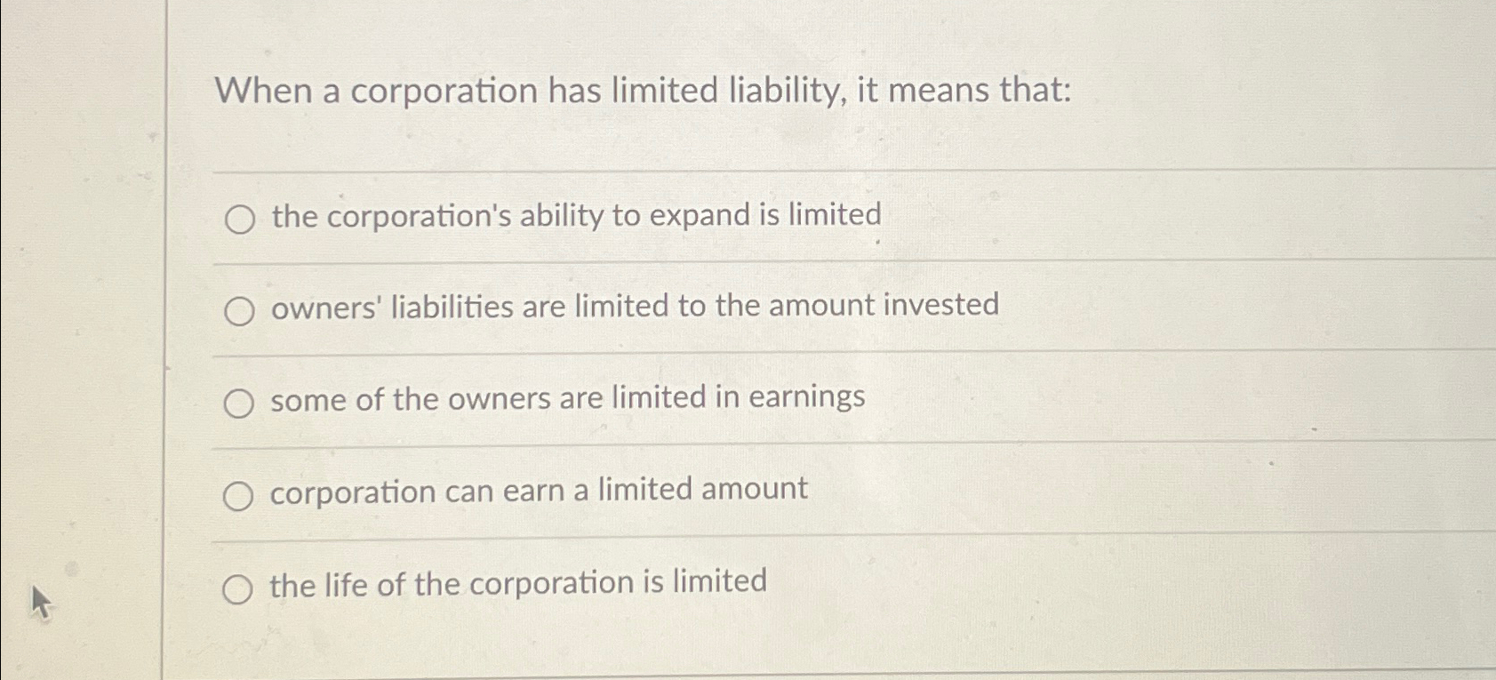 Solved When a corporation has limited liability, it means | Chegg.com