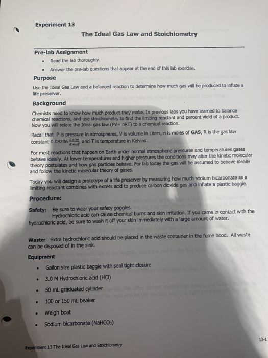 Experiment 13 The Ideal Gas Law and Stoichiometry | Chegg.com