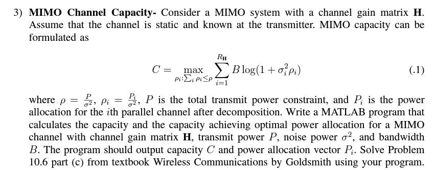 Solved 3) MIMO Channel Capacity- Consider a MIMO system with | Chegg.com