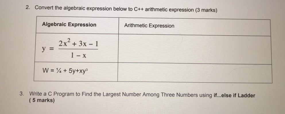 Solved 2. Convert the algebraic expression below to C++ | Chegg.com