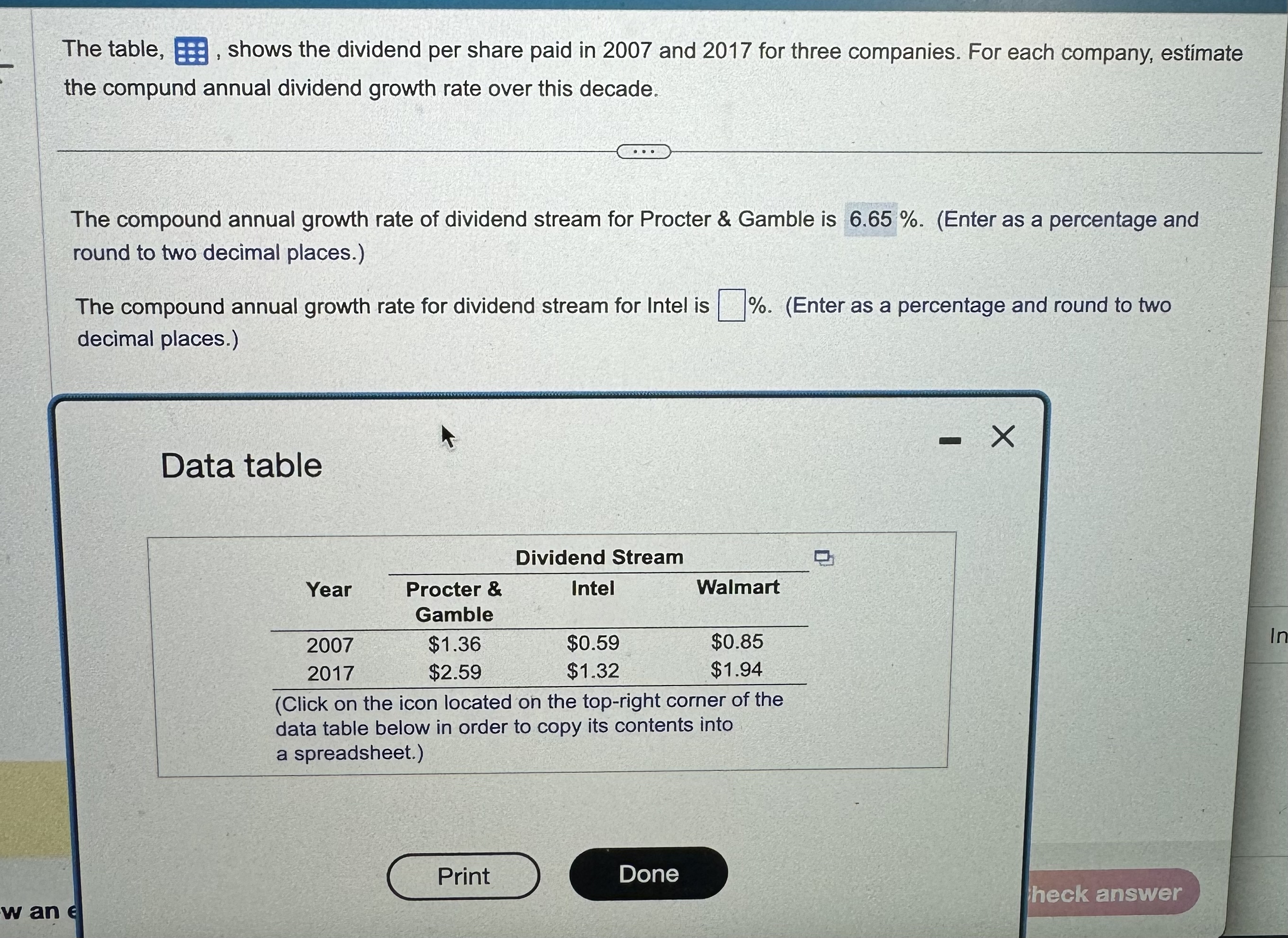 Solved the table shows the dividend per share paid in 2007 | Chegg.com