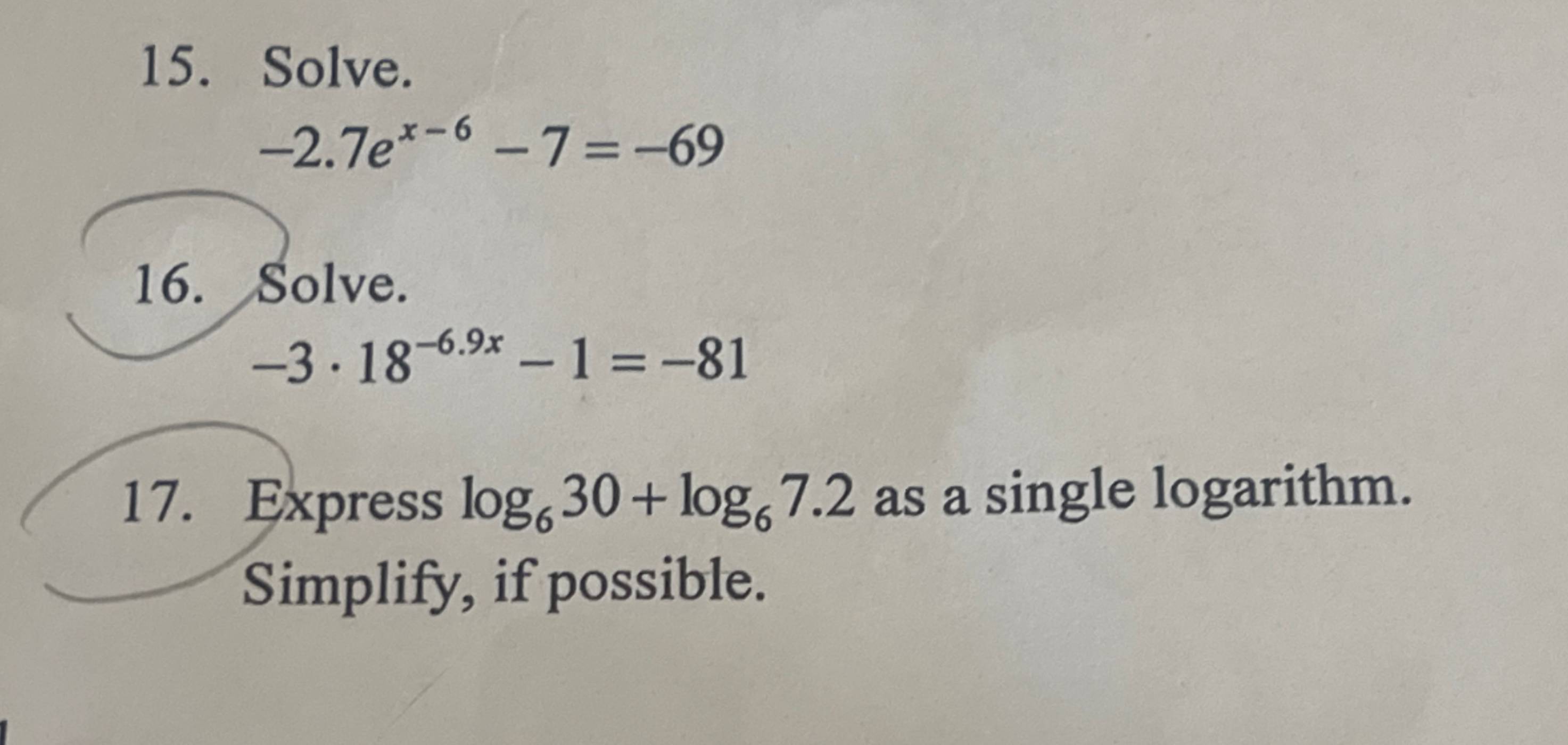 Solved Solve.-2.7ex-6-7=-69Solve.-3*18-6.9x-1=-81Express | Chegg.com