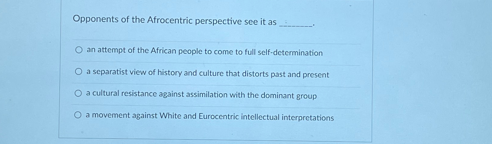 Solved Opponents of the Afrocentric perspective see it asan | Chegg.com