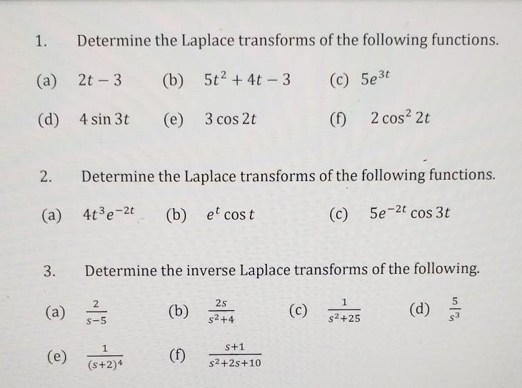 Solved 1. Determine the Laplace transforms of the following | Chegg.com