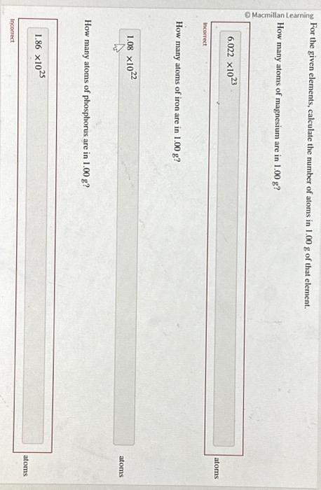 Solved For the given elements, calculate the number of atoms | Chegg.com