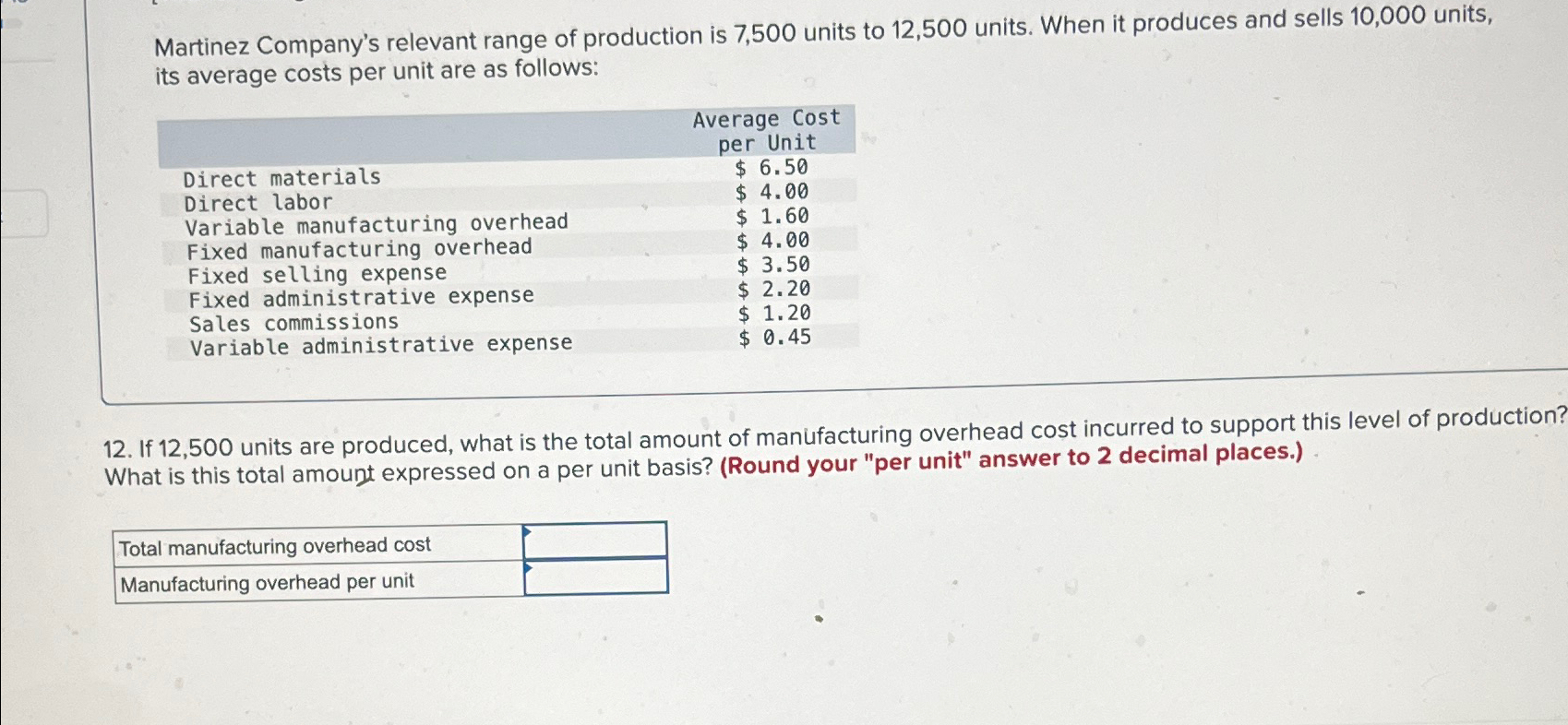 Solved Martinez Company's relevant range of production is | Chegg.com