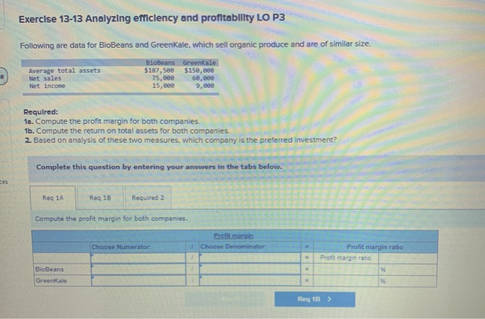 Solved Exercise 13-13 Analyzing efficiency and profitability | Chegg.com