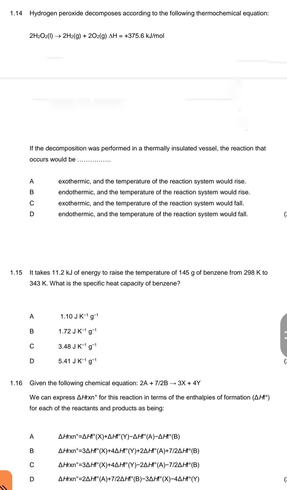 Solved 1.14 Hydrogen peroxide decomposes according to the | Chegg.com