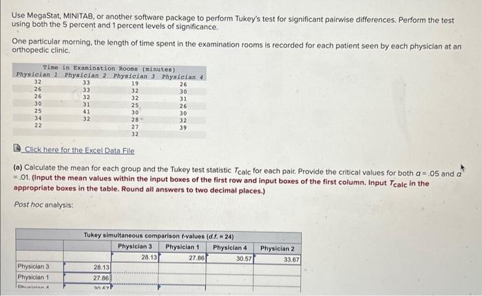 Solved Use MegaStat, MINITAB, or another software package to | Chegg.com