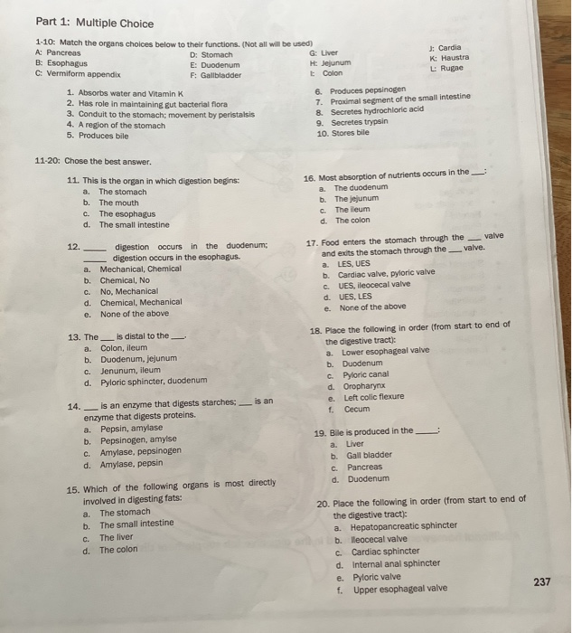 Solved Part 1: Multiple Choice 1-10: Match the organs | Chegg.com