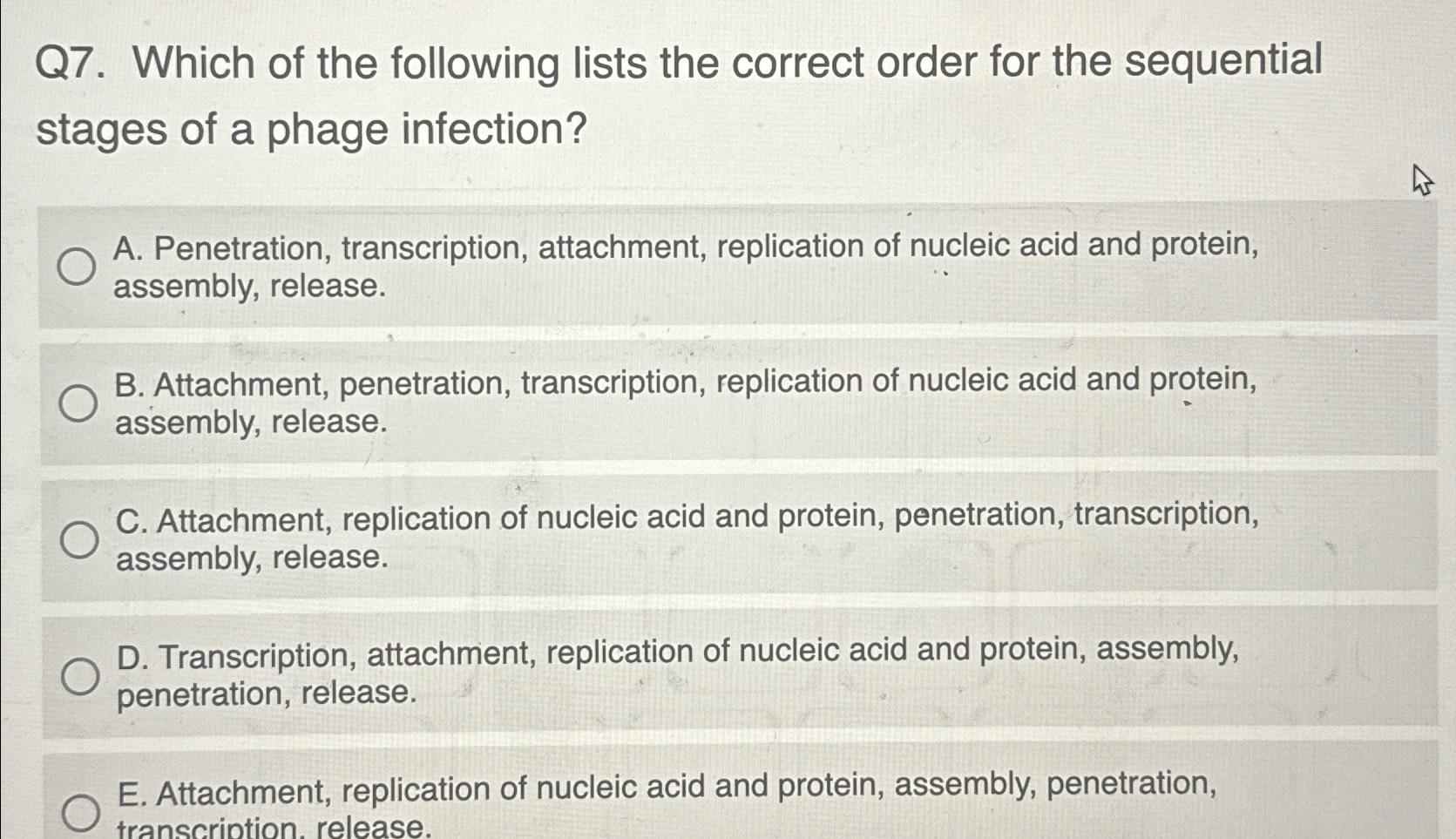 Solved Q7. ﻿Which of the following lists the correct order | Chegg.com