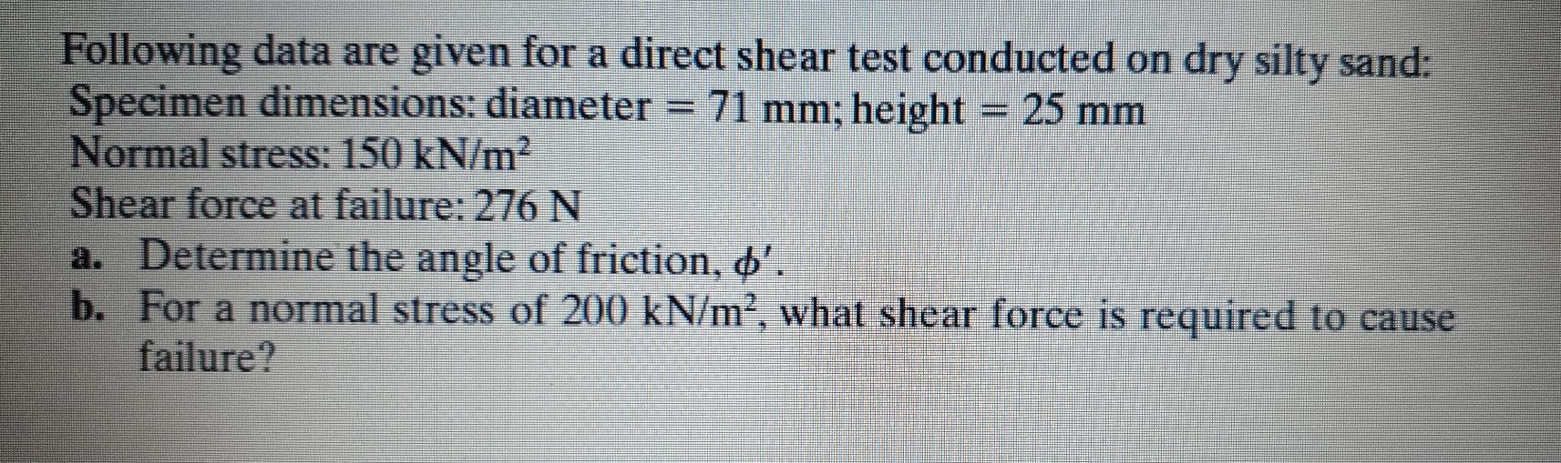 Solved Following data are given for a direct shear test | Chegg.com