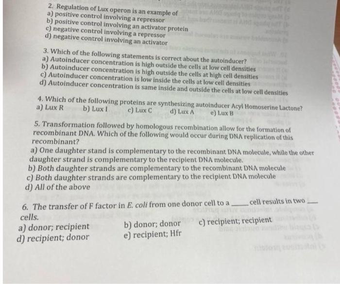 Solved 2. Regulation of Lux operon is an example of a) | Chegg.com