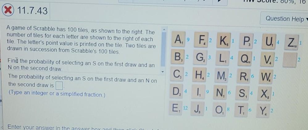 Solved 7b 11.7.43 Question Help A game of Scrabble has 100 | Chegg.com