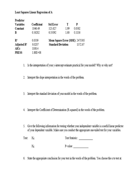 Solved Least Squares Linear Regression of A Predictor | Chegg.com