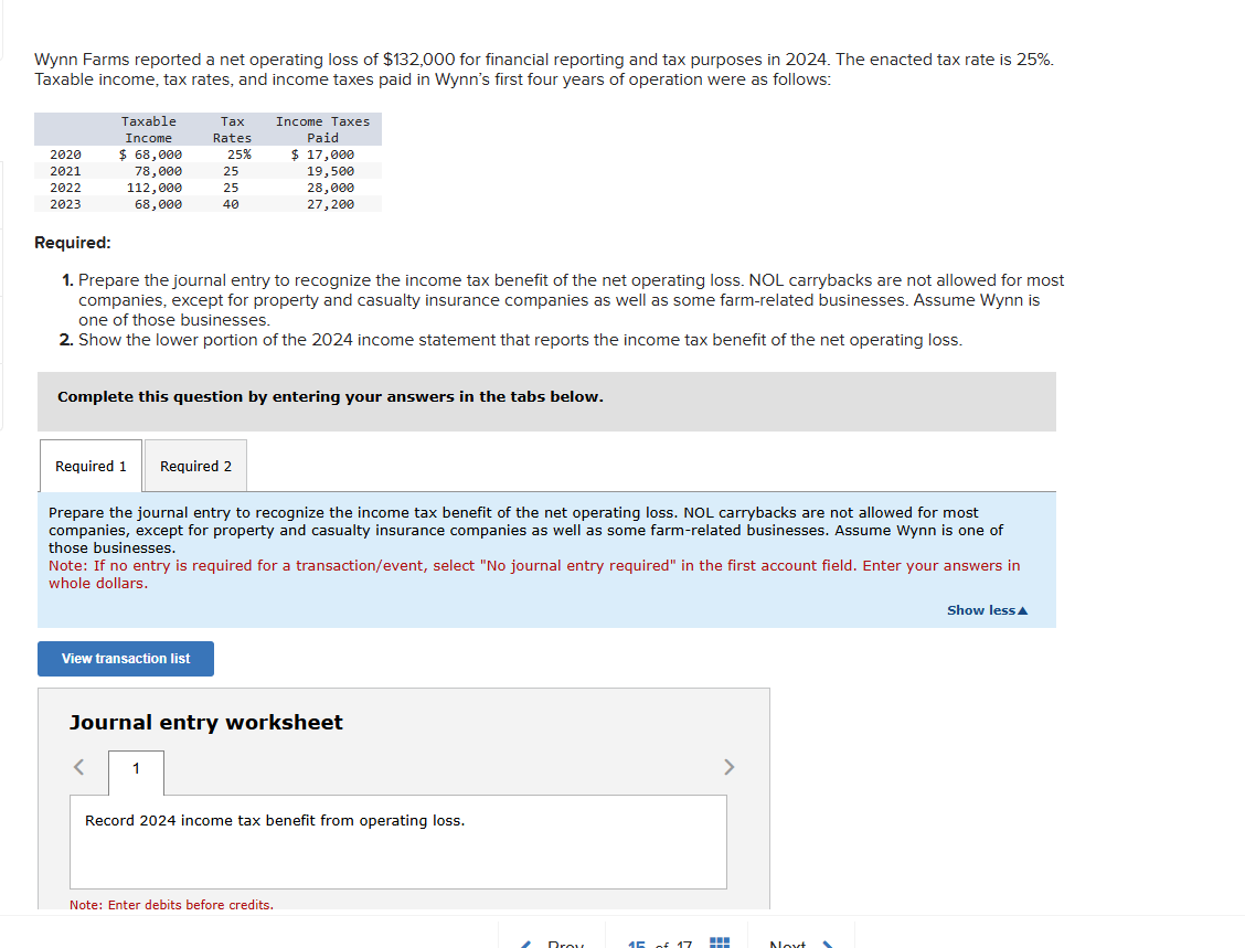 Solved Wynn Farms reported a net operating loss of \( \$ | Chegg.com