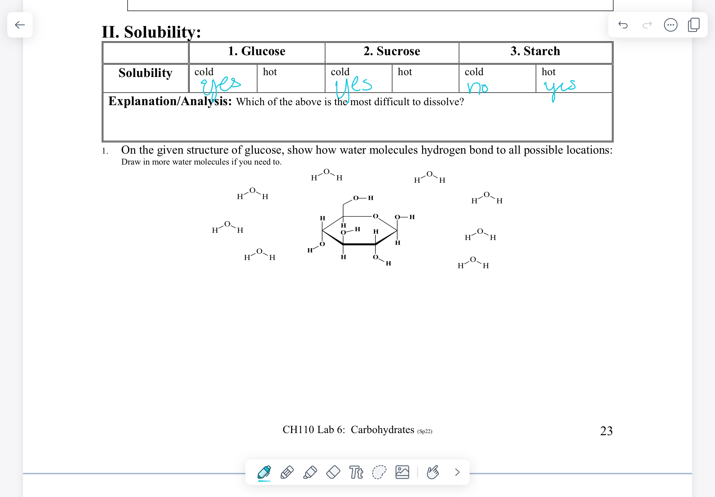 Solved II. ﻿Solubility:On the given structure of glucose, | Chegg.com
