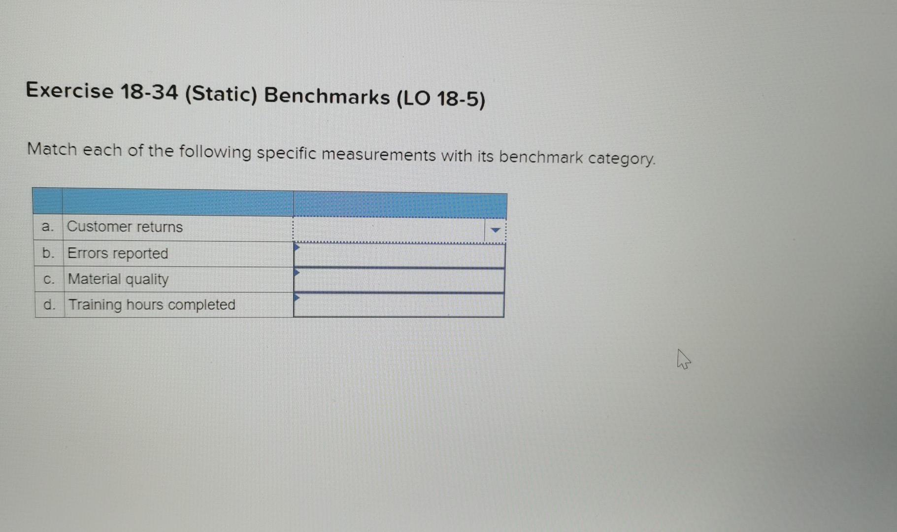 Solved Exercise 18−34 (Static) Benchmarks (LO 18-5) Match | Chegg.com Solved Exercise 18−34 (Static) Benchmarks (LO 18-5) Match | Chegg.com