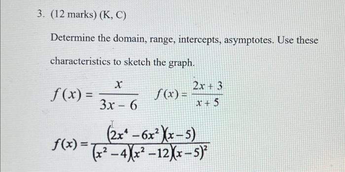 Solved 3. (12 marks) (K, C) Determine the domain, range, | Chegg.com