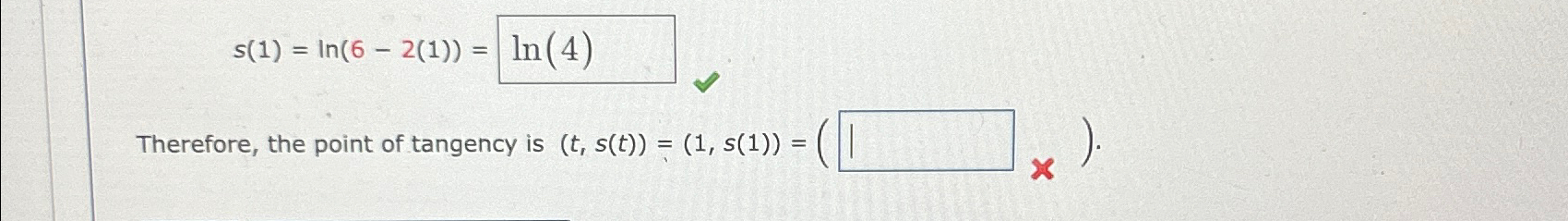 Solved s(1)=ln(6-2(1))=Therefore, the point of tangency is | Chegg.com