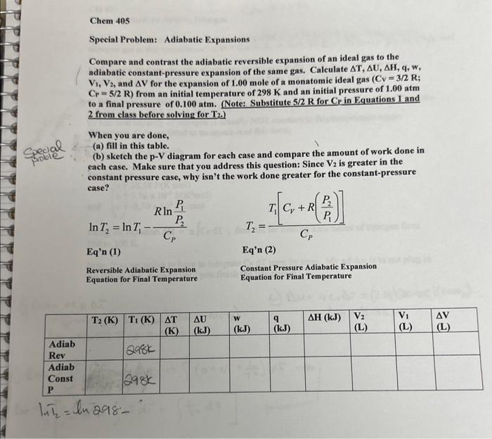 Solved Special Problem: Adiabatic Expansions Compare and | Chegg.com