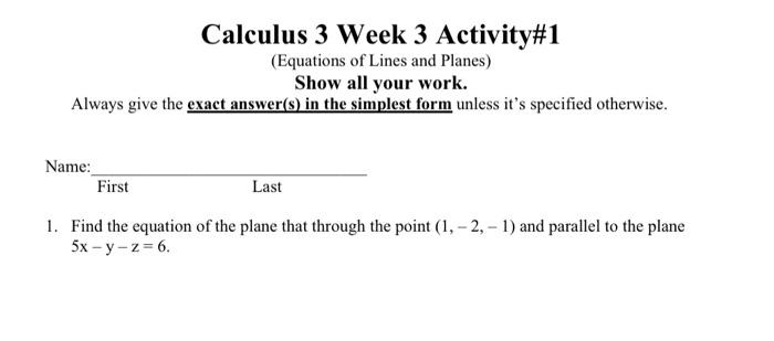 Solved Calculus 3 Week 3 Activity\#1 (Equations of Lines and | Chegg.com