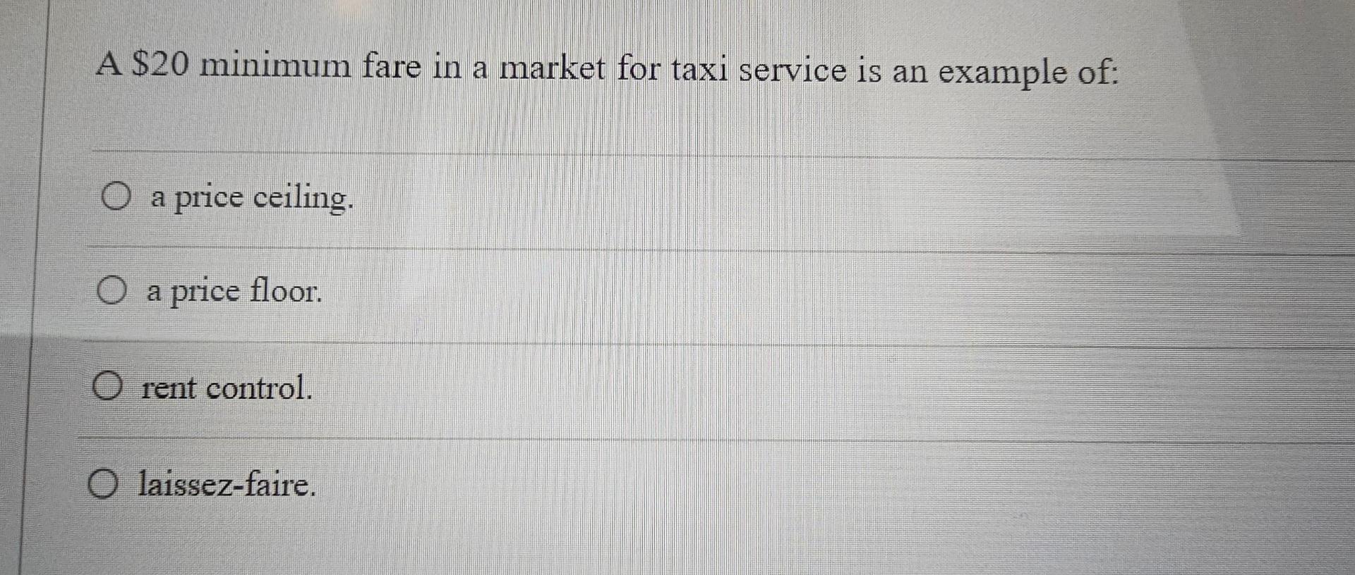 Solved A $20 ﻿minimum fare in a market for taxi service is | Chegg.com