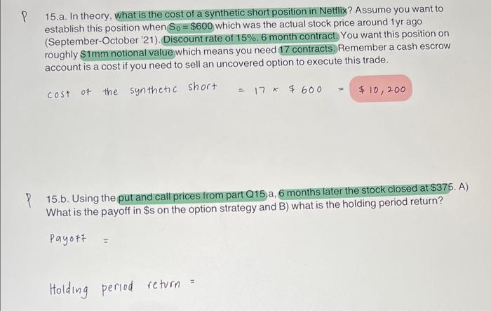 Solved 15.a. In theory, what is the cost of a synthetic | Chegg.com