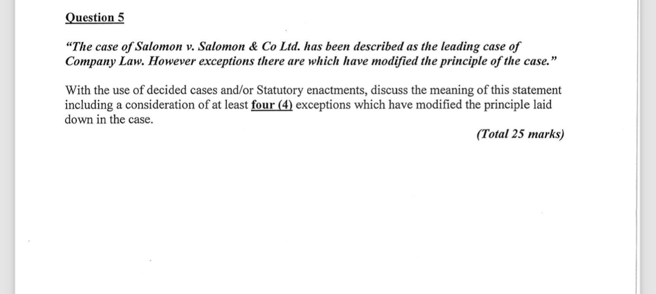 Solved Question 5"The case of Salomon v. ﻿Salomon & Co Ltd. | Chegg.com