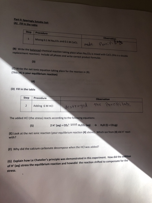 Part 1: Sparingly Soluble Salt (A) Fill in the table | Chegg.com