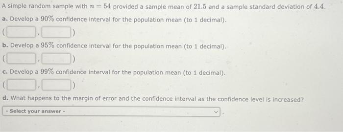 Solved A simple random sample with n=54 provided a sample | Chegg.com