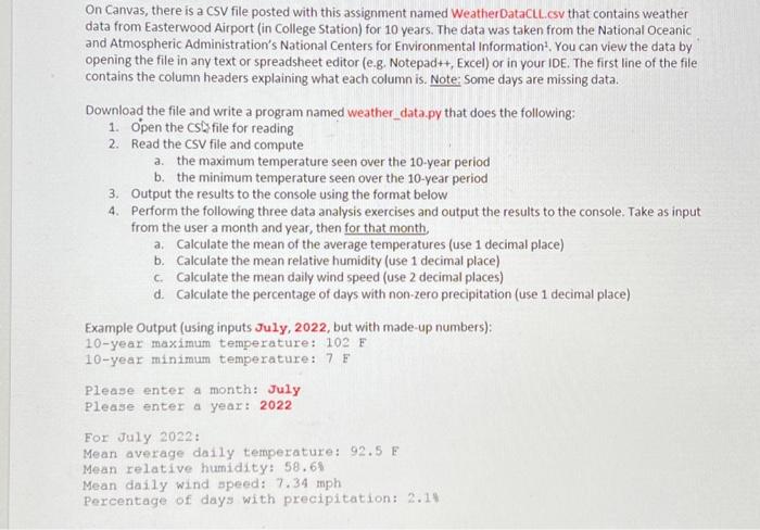 Solved excel spreadsheet is WeatherDataCLL.csv and use the | Chegg.com