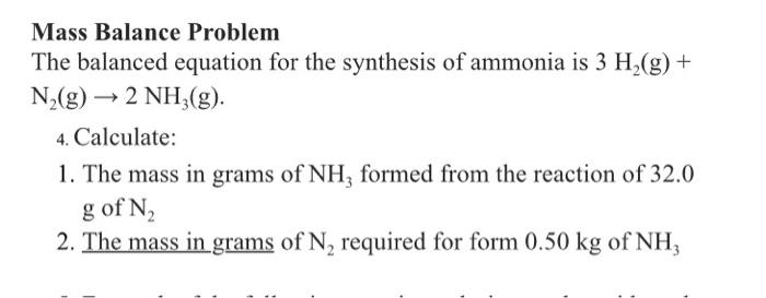 Solved Mass Balance Problem The balanced equation for the | Chegg.com