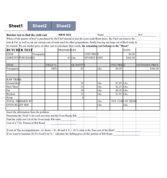 Sheet1 Sheet2 Sheet3 Name Butcher test to find the | Chegg.com