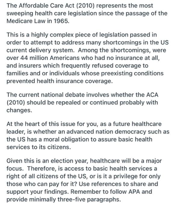 Solved The Affordable Care Act (2010) represents the most | Chegg.com
