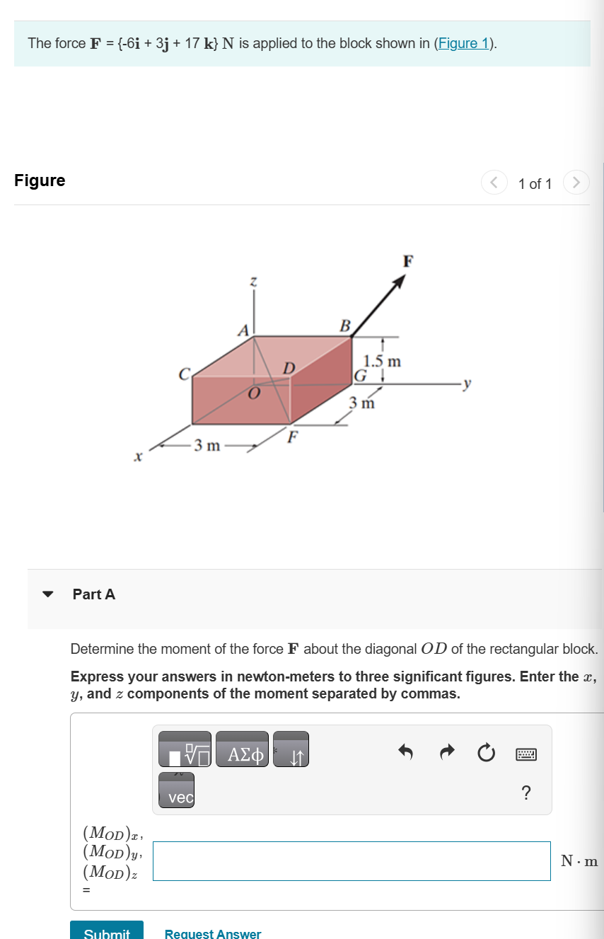 Solved The force F={-6i+3j+17k}N ﻿is applied to the block | Chegg.com