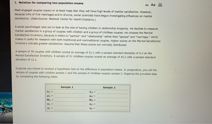 Solved 1. Notation for comparing two population means A Aa | Chegg.com