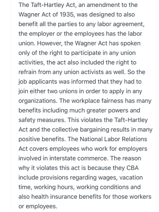 Solved The Taft-Hartley Act, an amendment to the Wagner Act | Chegg.com