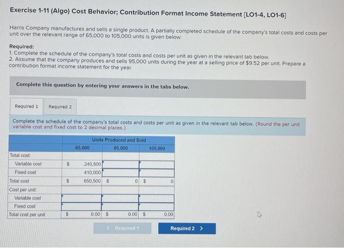 Solved Exercise 1-11 (Algo) Cost Behavior; Contribution | Chegg.com