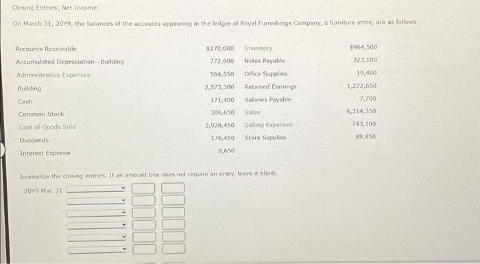 Solved Closing Entries; Net Income On March 31, 20Y9, the | Chegg.com