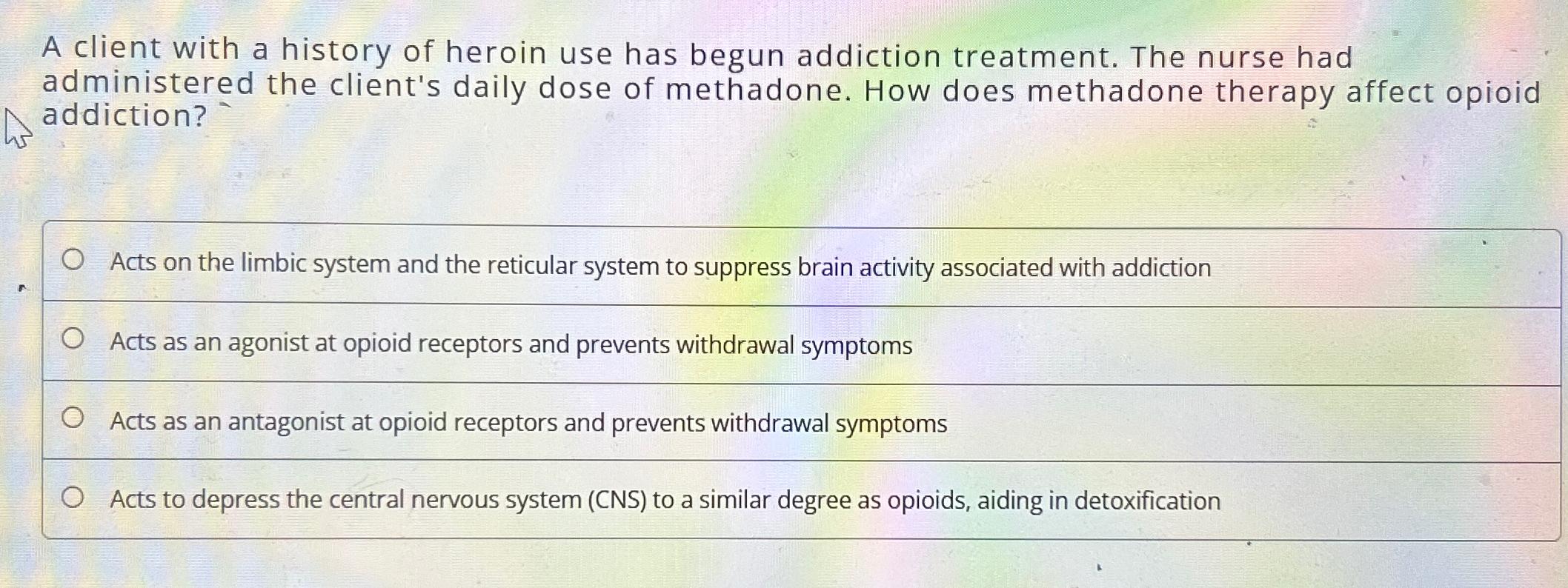 Solved A client with a history of heroin use has begun | Chegg.com