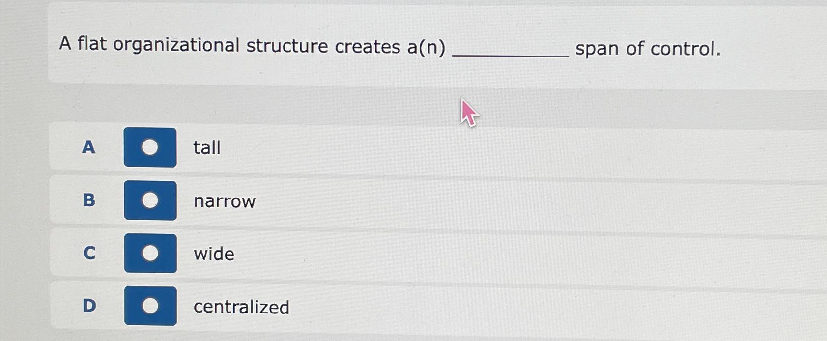 Solved A flat organizational structure creates a(n) ﻿span of | Chegg.com
