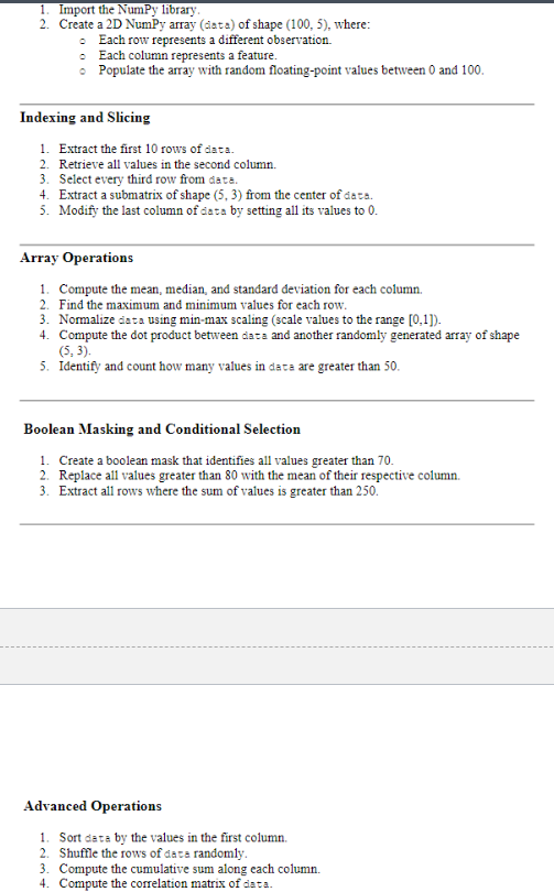 Complete the following tasks using Python and NumPy. | Chegg.com