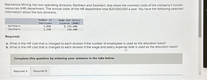 Solved Mackenzie Mining has two operating divisions, | Chegg.com