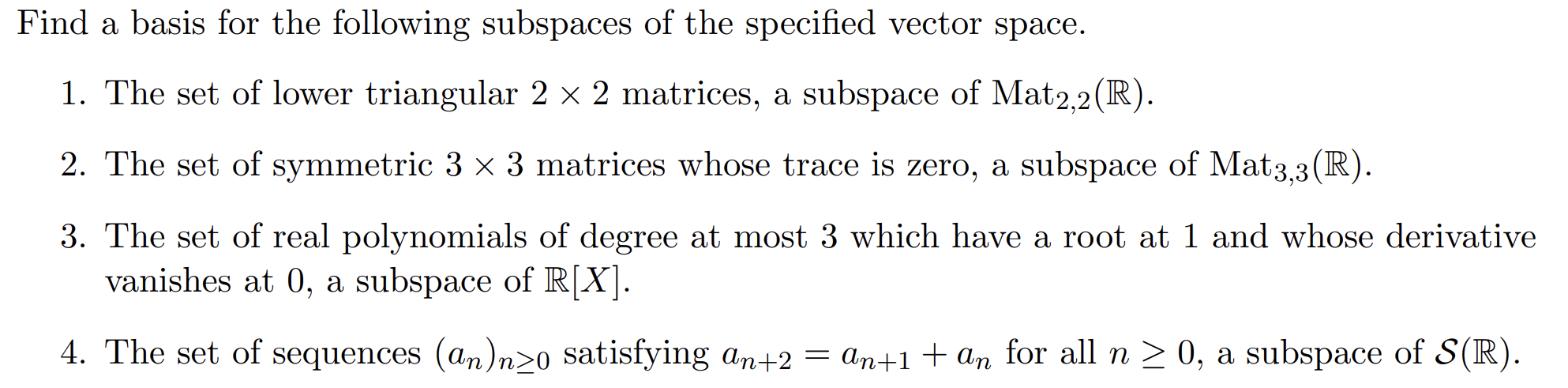 Solved As image showFind a basis for the following subspaces | Chegg.com
