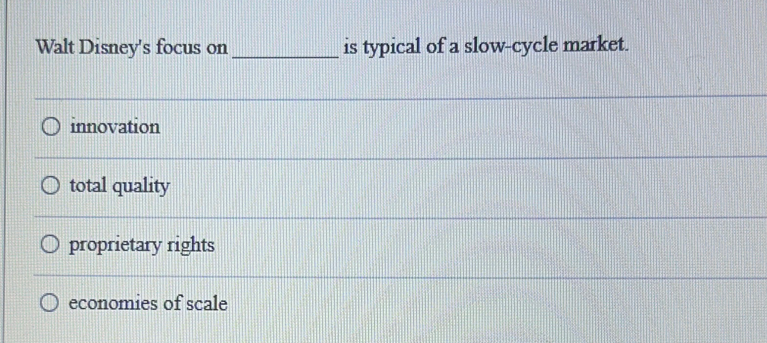 Solved Walt Disney's focus on is typical of a slow-cycle | Chegg.com