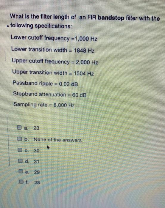 Solved What is the filter length of an FIR bandstop filter | Chegg.com