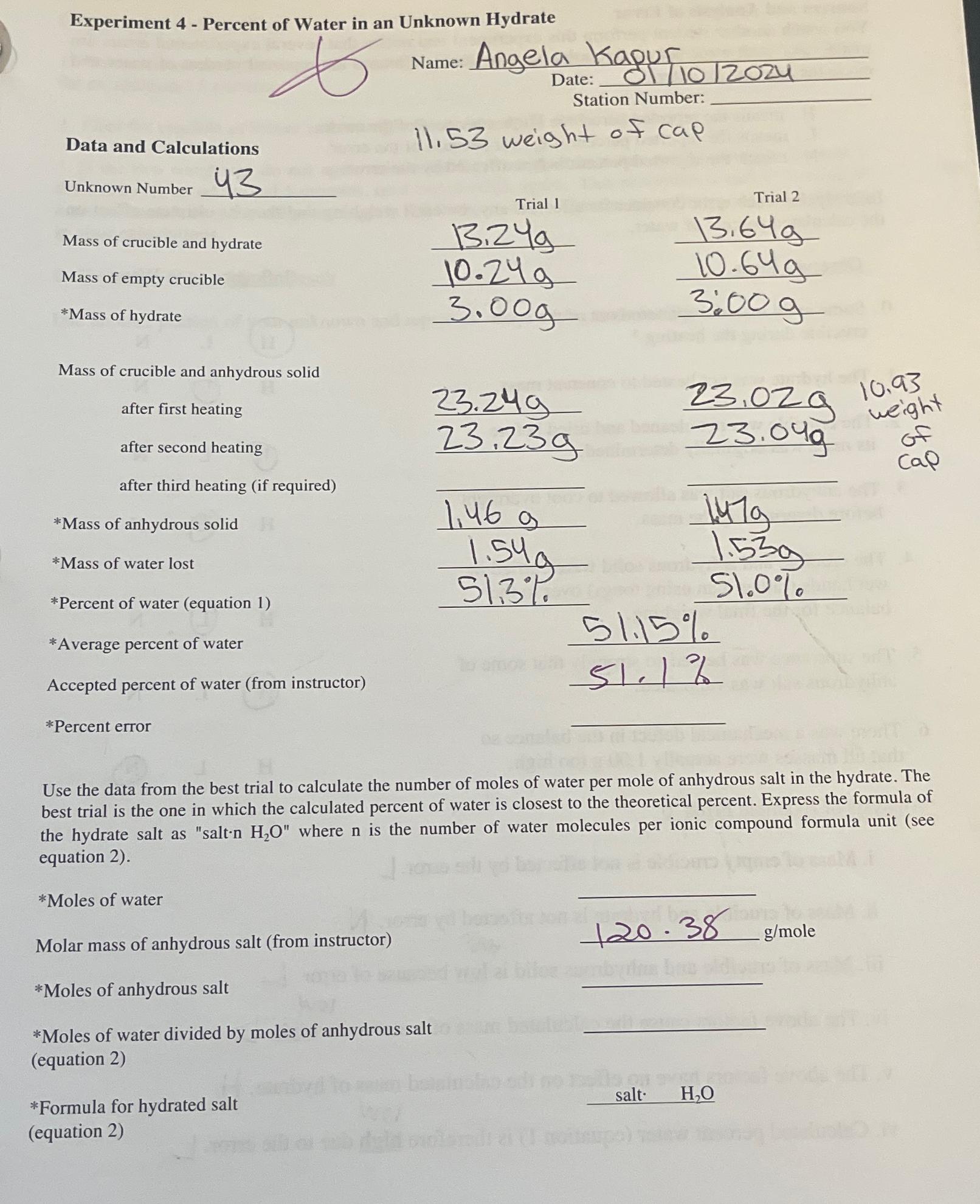 Solved Experiment 4 - ﻿Percent of Water in an Unknown | Chegg.com