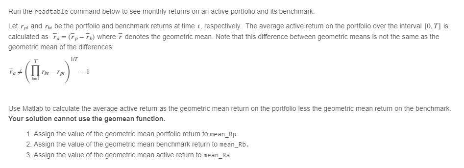 Solved By using Matlab and start at : ret_table = | Chegg.com